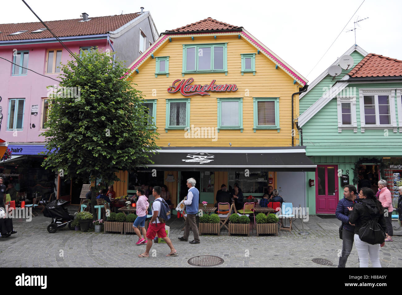 Brightly coloured, Hanekam cafe in Ovre Holmegate, Stavanger, Norway ...