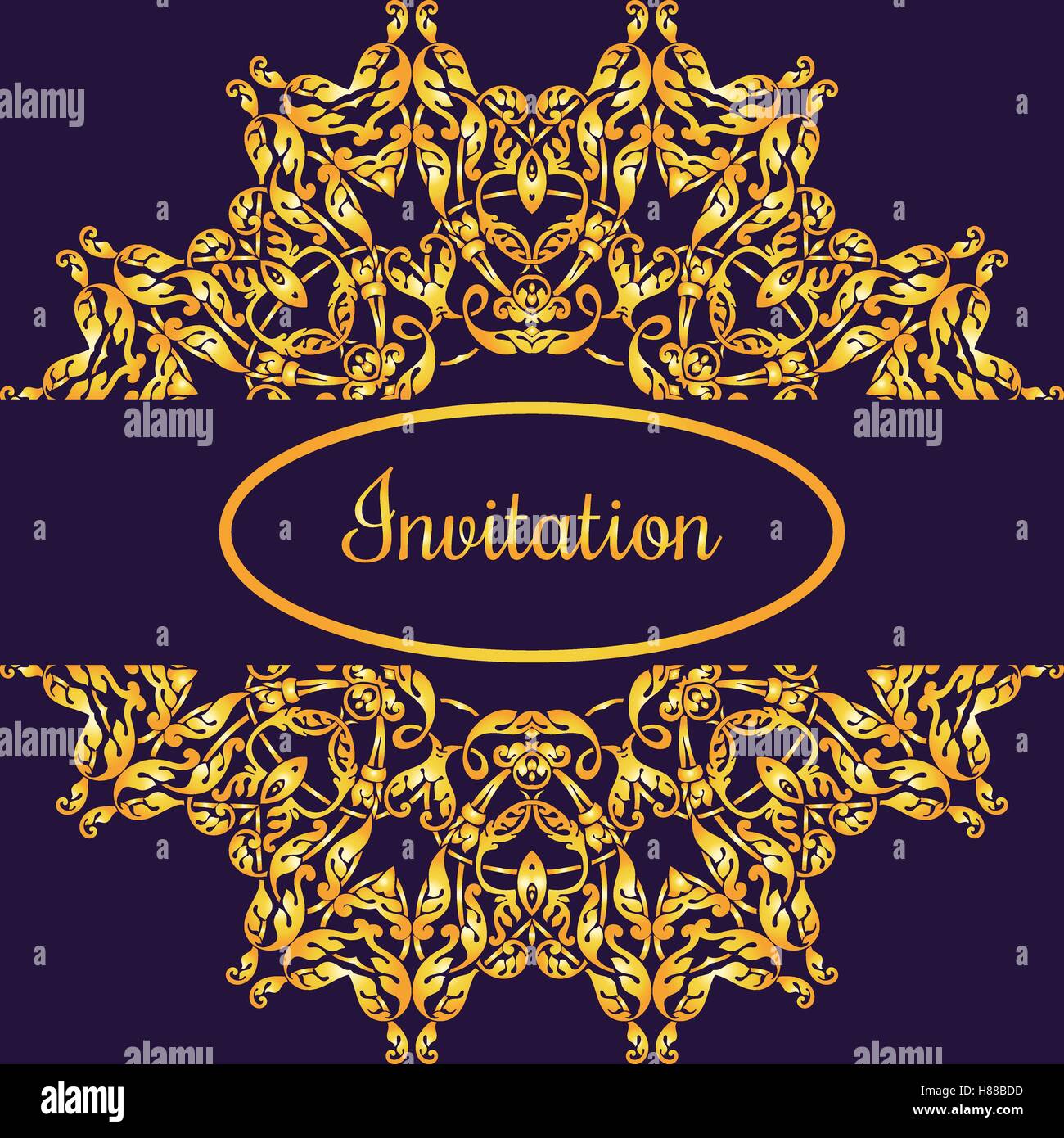 Gold ornamental card with antique, luxury violet background and vintage ...