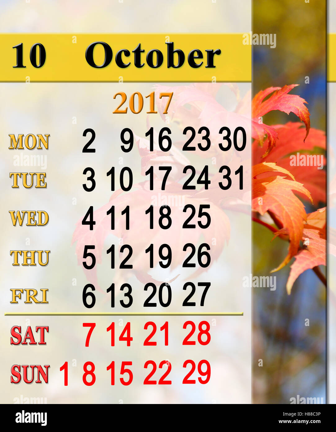 calendar for October 2017 with the ribbon of red maple leaves Stock ...