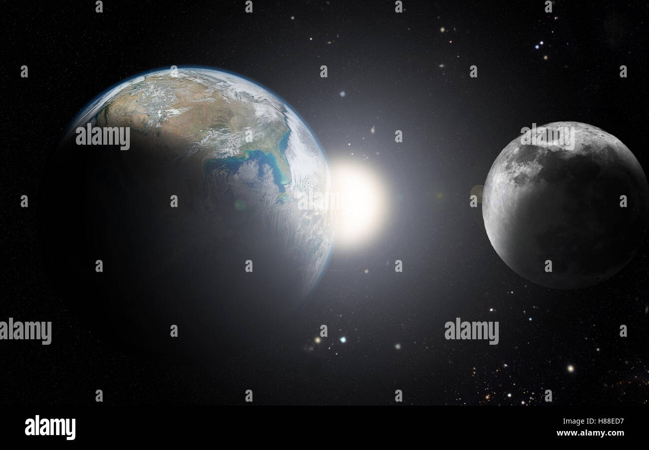 View from the moon orbit and rotating around the planet earth Stock ...