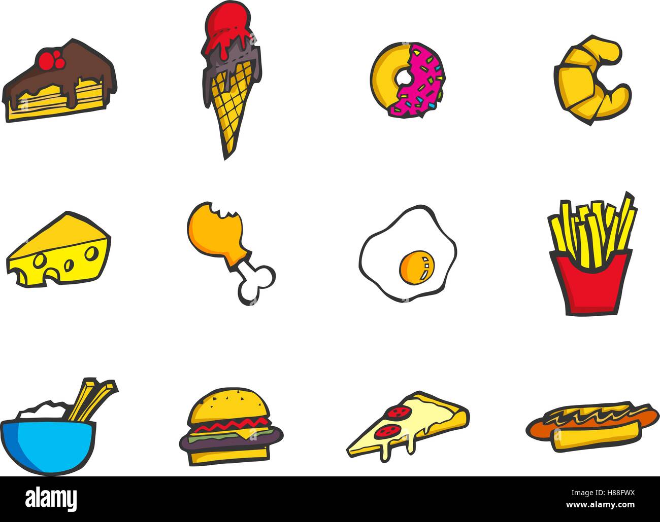 Set of colorful hand drawn cartoon style food and desserts icon Stock ...