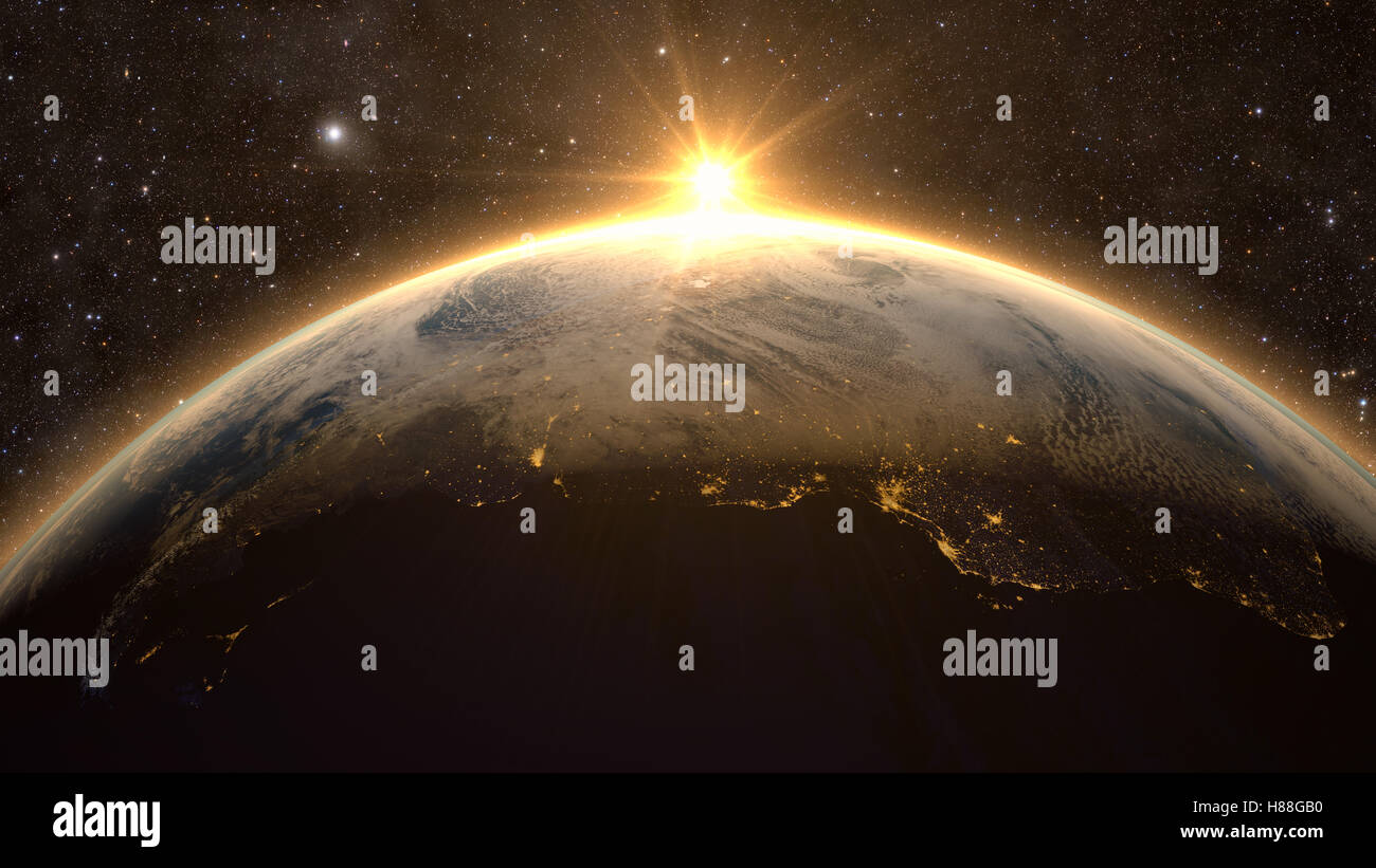 sunrise view of earth from space, 3d rendering Stock Photo - Alamy