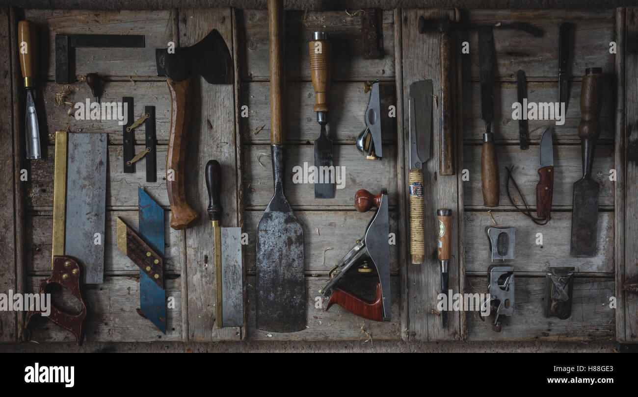 Overhead flat lay image of woodworking tools Stock Photo - Alamy
