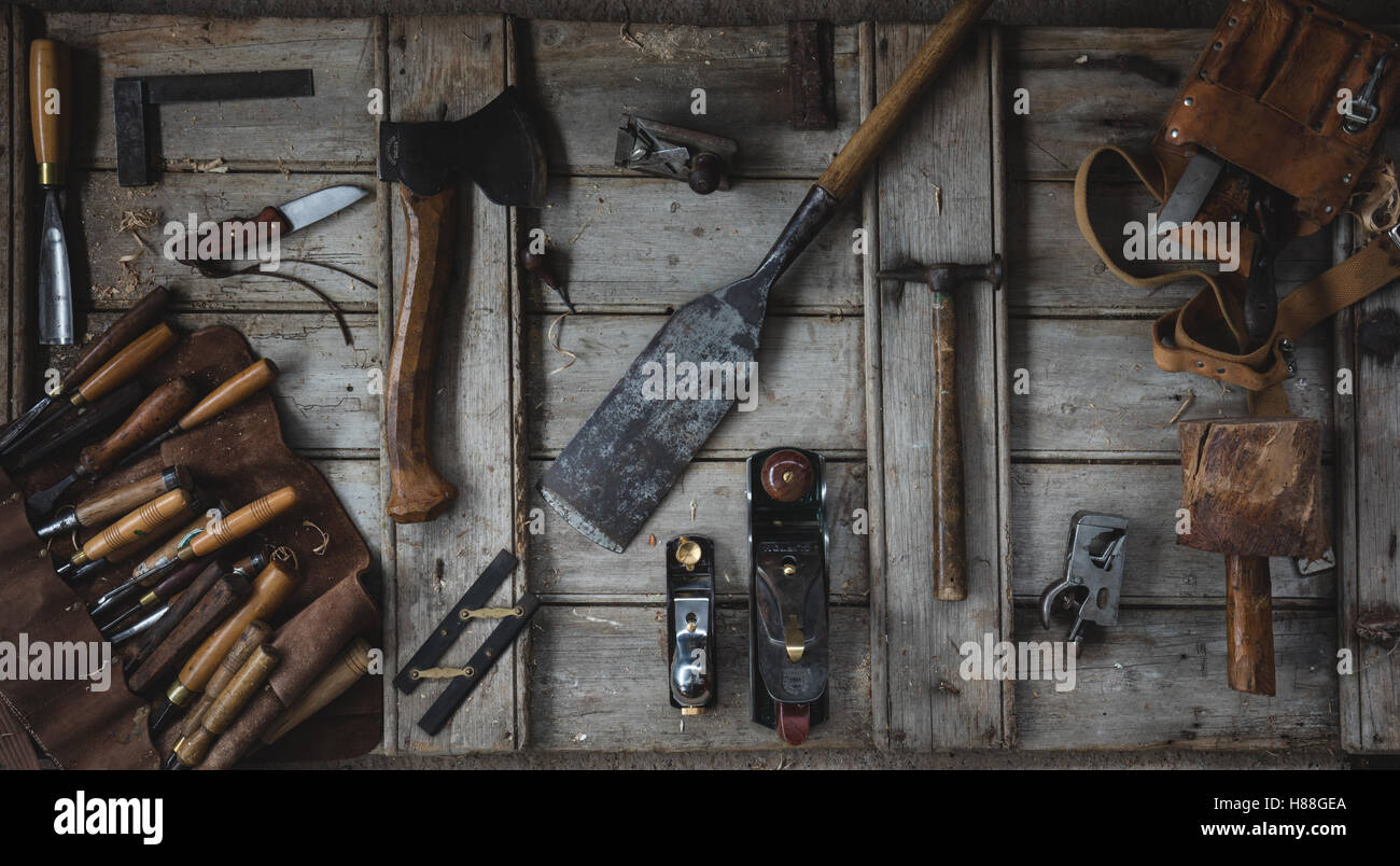 Overhead flat lay image of woodworking tools Stock Photo - Alamy
