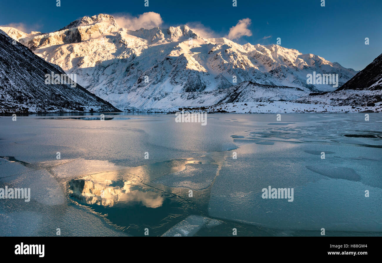 Peaks at sunrise, Mount Sefton, Mueller Glacier Lake, Mount Cook ...