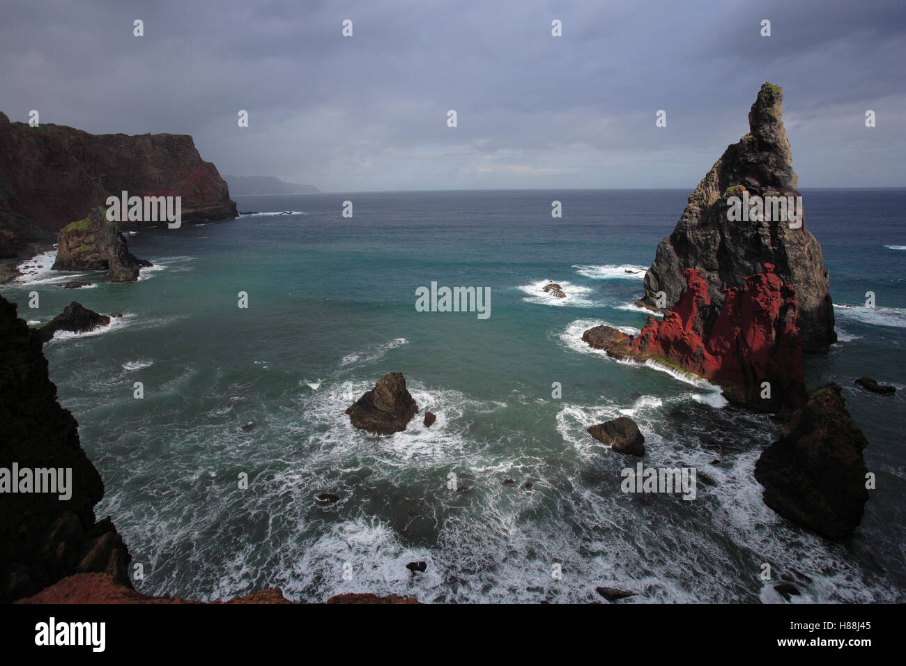 Rocky cliffs and sea stacks in the Ponta de Sao Lourenco Nature Reserve ...