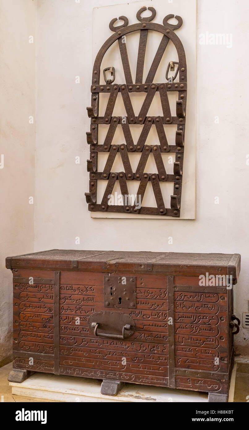 The medieval wooden furniture, decorated with carved inscriptions, in ...