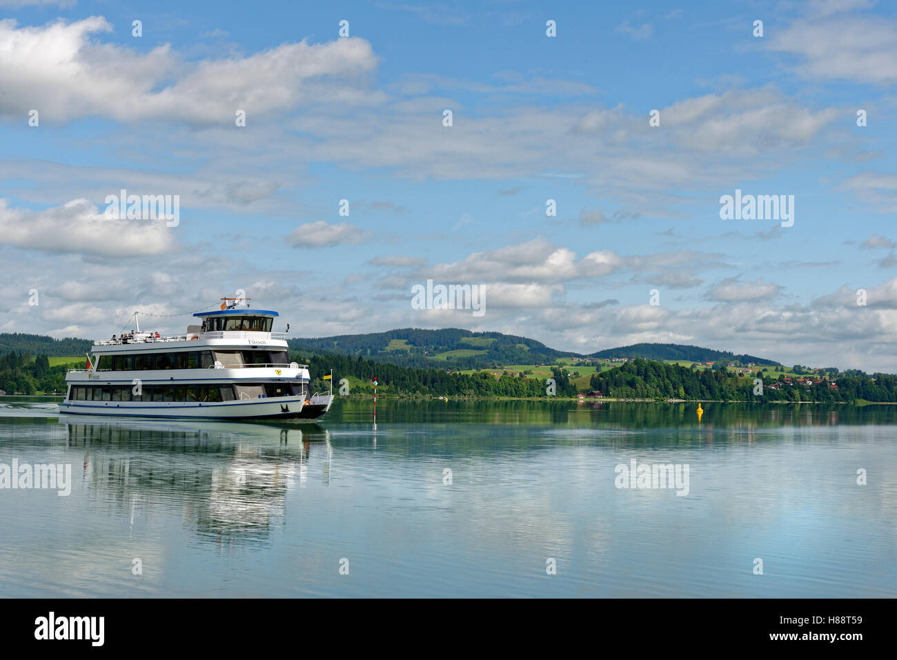 Sightseeing boat, Lake Forggensee, Füssen, Allgäu, Bavaria, Germany ...