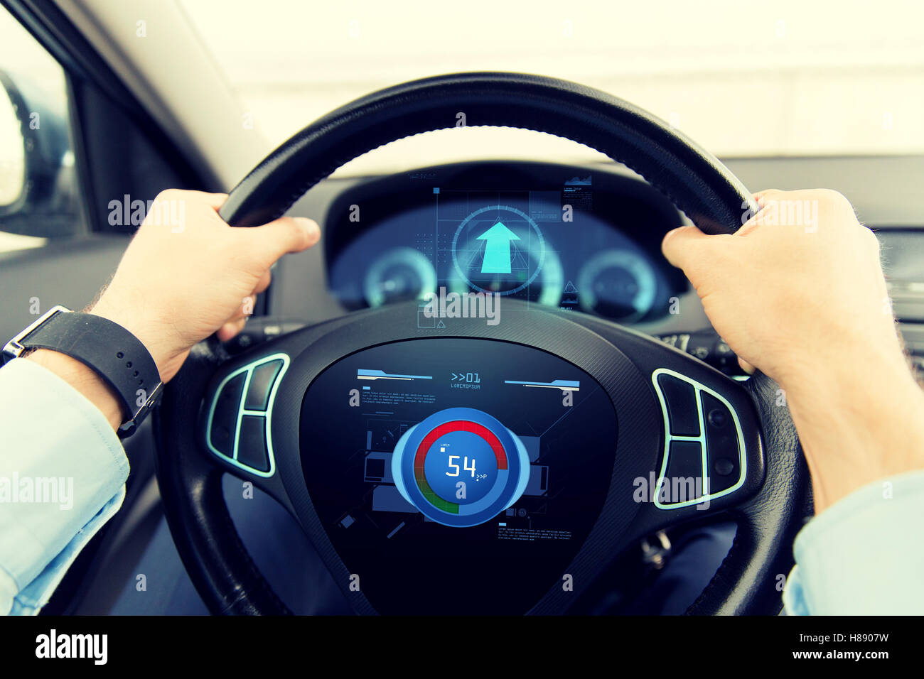 close up of man driving car with volume level icon Stock Photo - Alamy