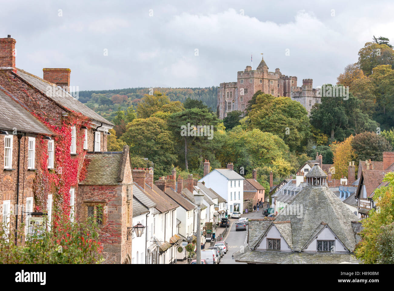 The High Street of Dunster village and Yarn Market overlooked by ...