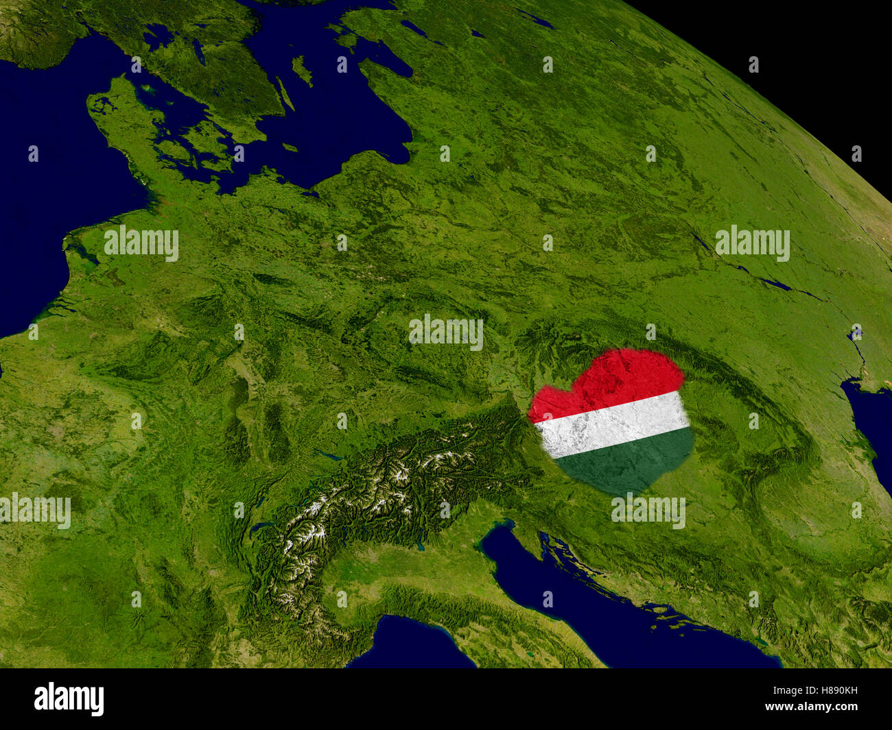 Map of Hungary with embedded flag on planet surface. 3D illustration ...