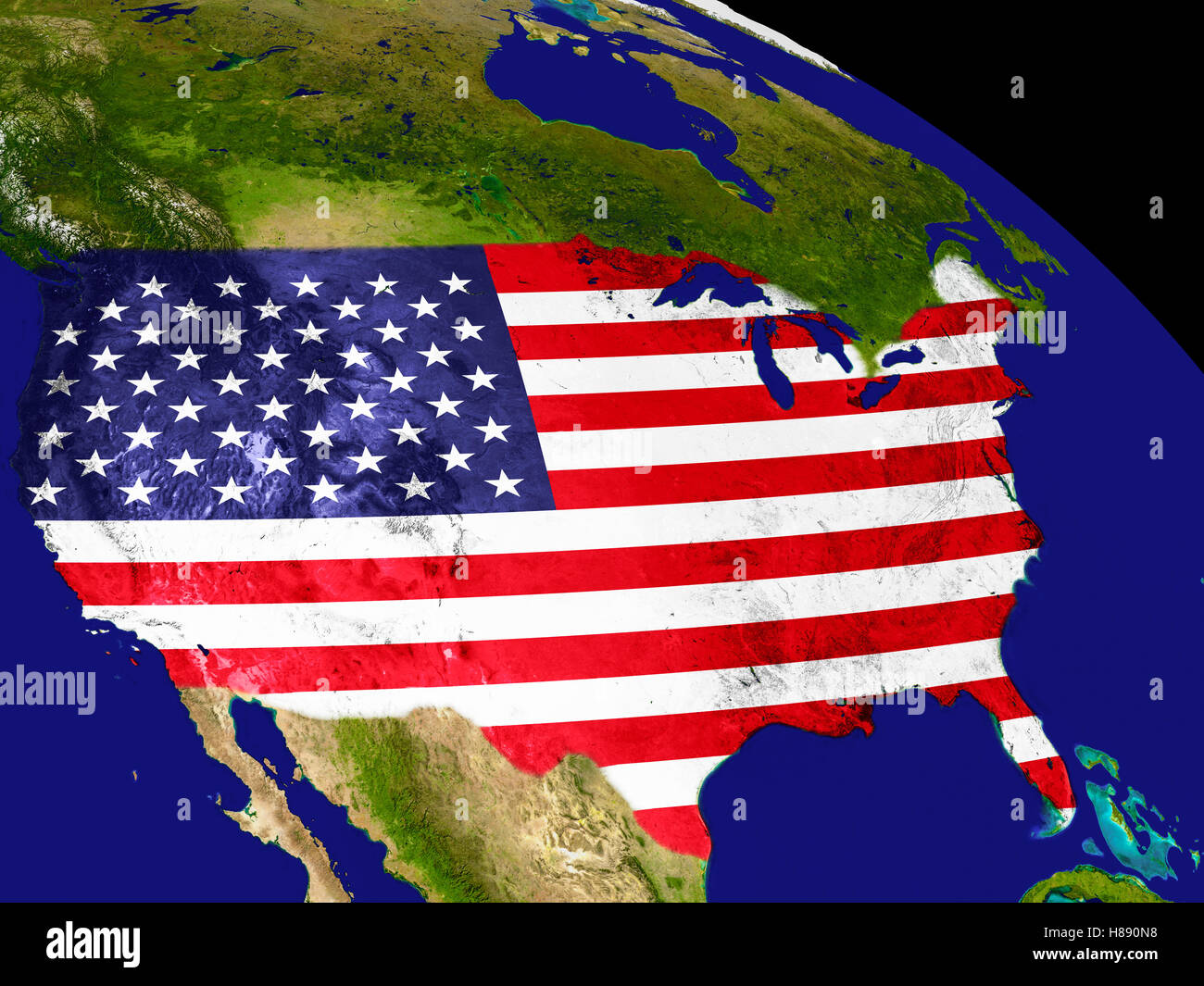 Map of USA with embedded flag on planet surface. 3D illustration ...