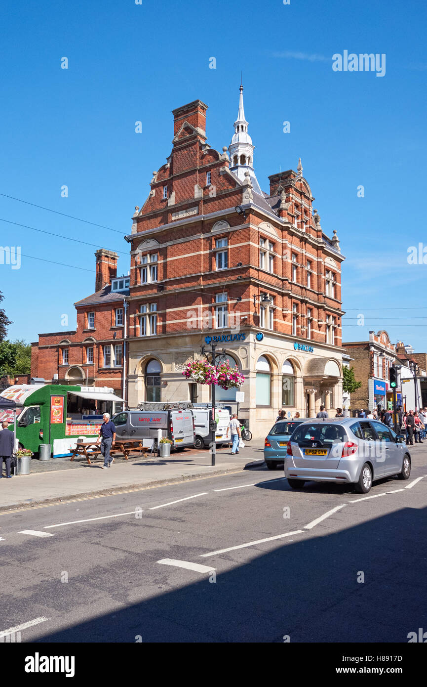 Enfield Town centre with Barclays Bank building, London England United ...