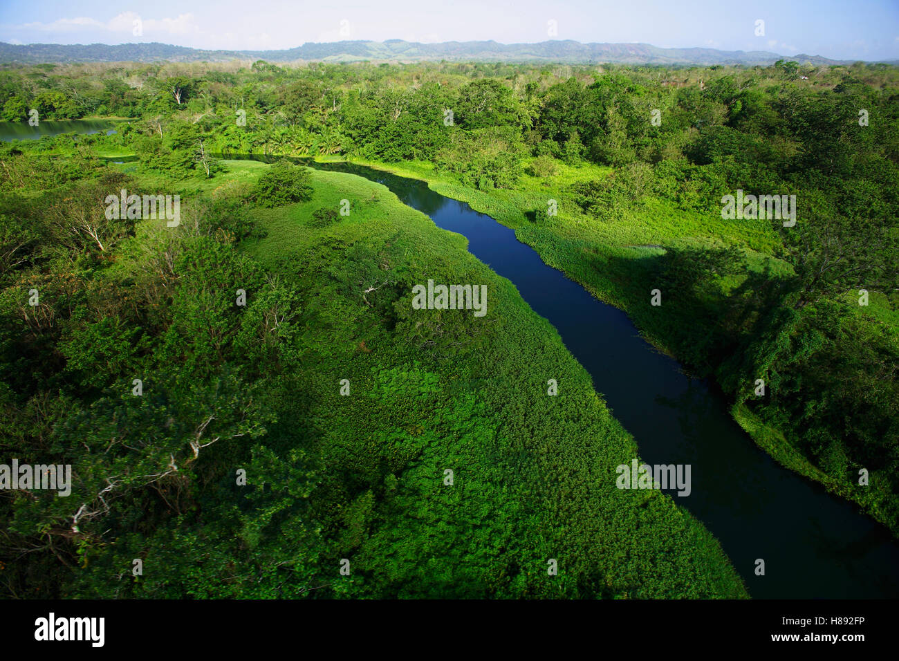 Aerial view of the Canal Zone, Chagres River which feeds Lake Gatun, in ...