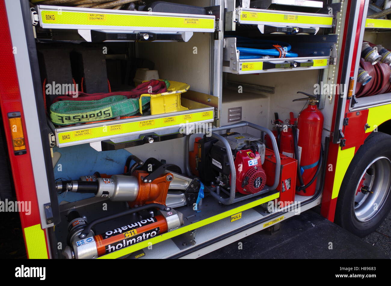 North Wales Volvo fire engine - near-side equipment storage showing ...
