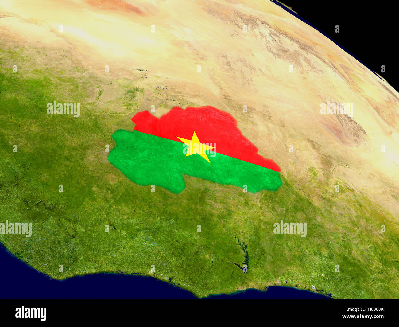 Map of Burkina Faso with embedded flag on planet surface. 3D ...