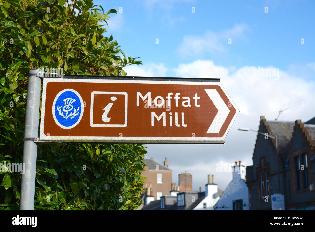 Road sign showing direction to Moffat Mill, Moffat, Scotland, UK Stock ...