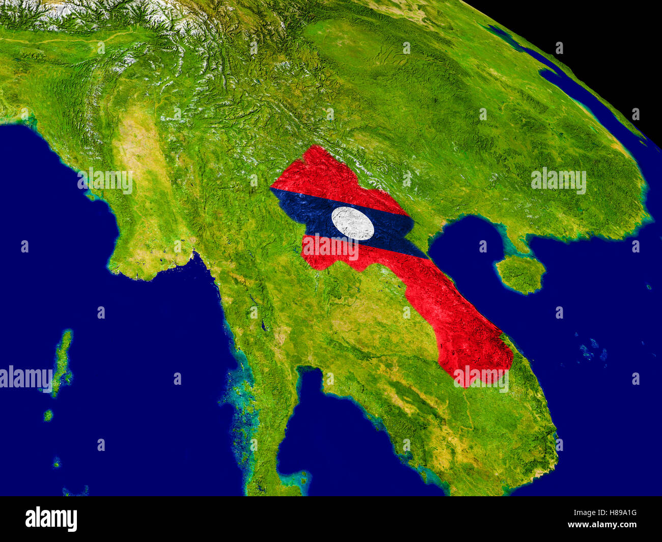Map of Laos with embedded flag on planet surface. 3D illustration ...