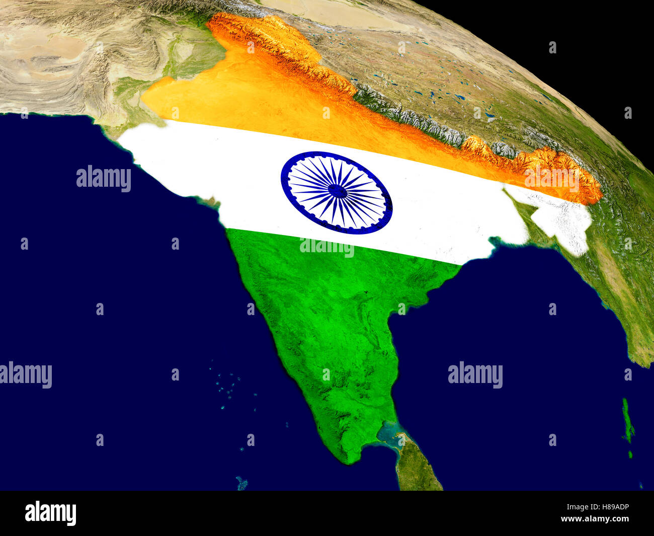 Map of India with embedded flag on planet surface. 3D illustration ...