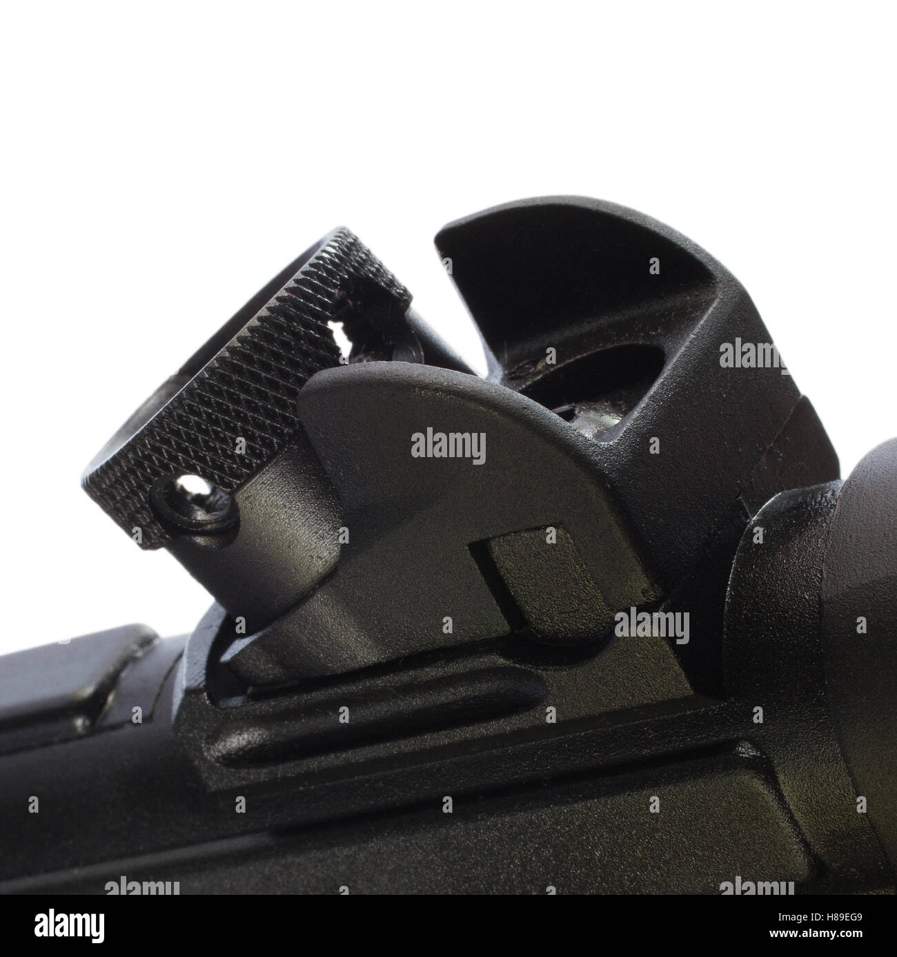 Rear sight on an assault rifle that rotates to different apertures ...