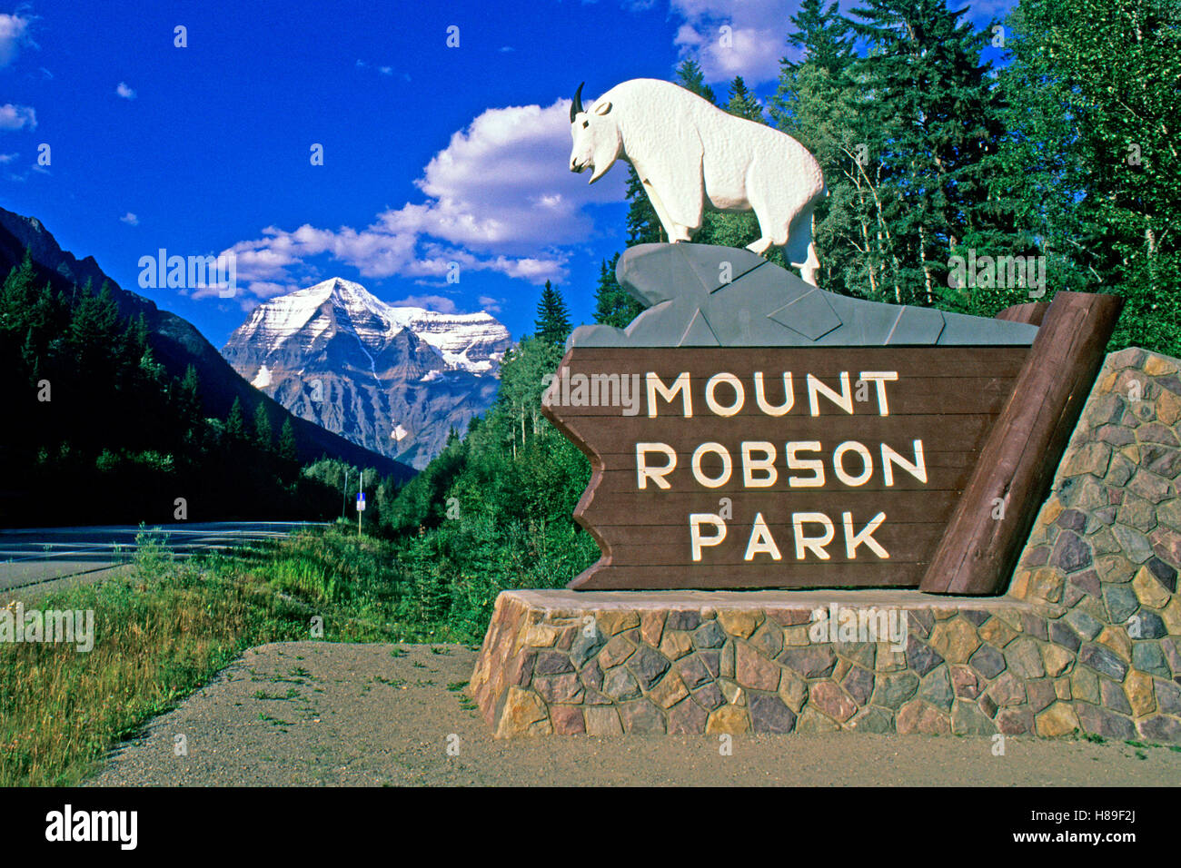 Wooden sign in Mount Robson Provincial Park, Rocky Mountains, in the ...