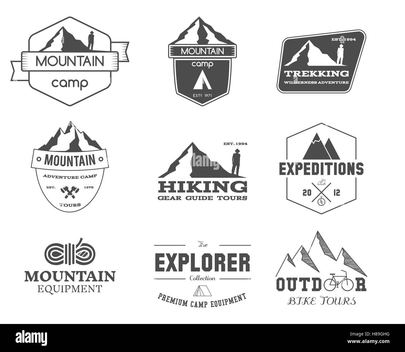 Set of monochrome outdoor adventure explorer camp badge, logo and label ...