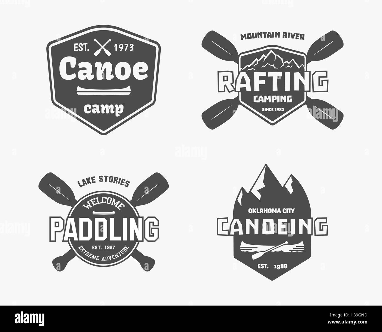 Set of vintage rafting, kayaking, paddling, canoeing camp logo, labels ...