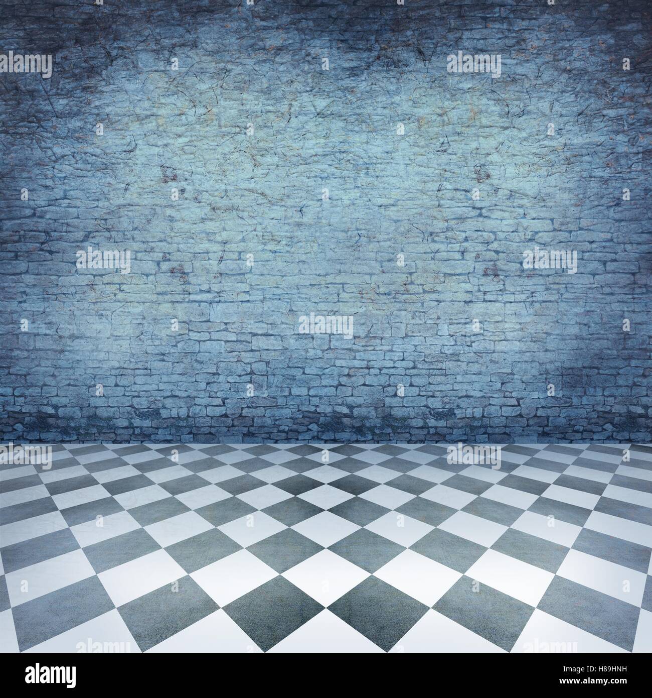 Blue Castle ruined rustic wall and checked floor Stock Photo - Alamy