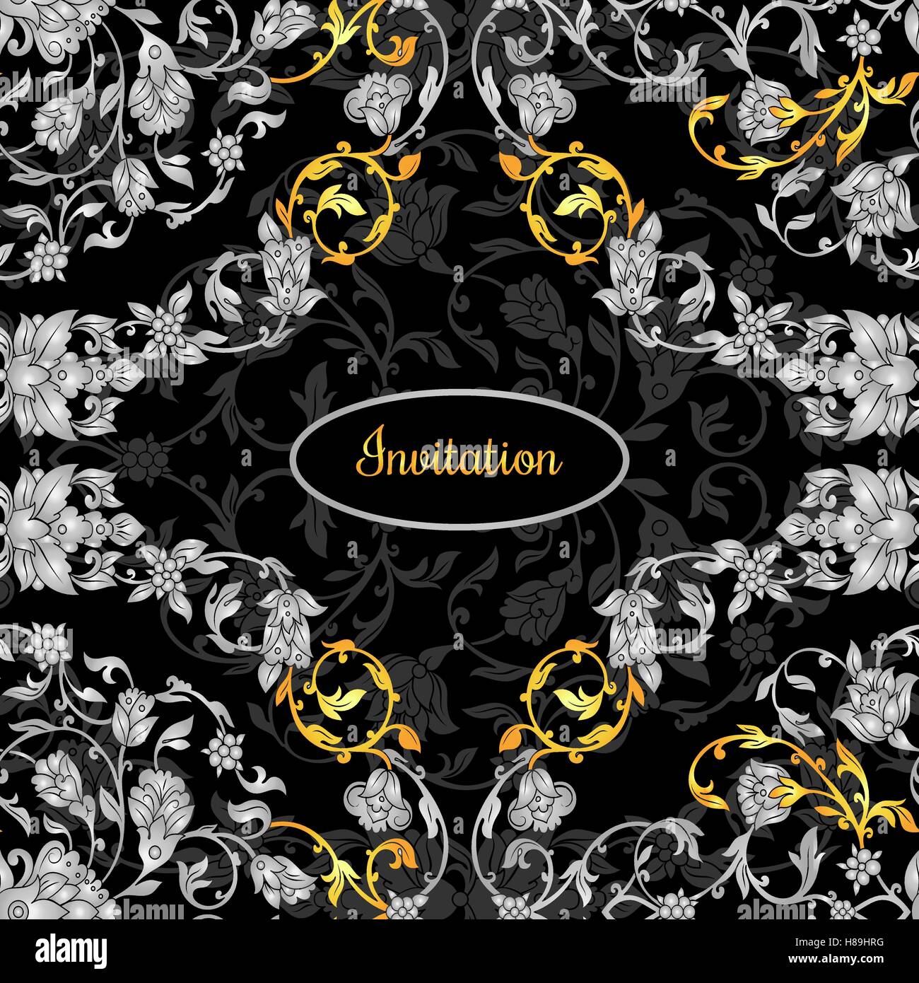 Floral decorated invitation card with antique, luxury silver and gold ...