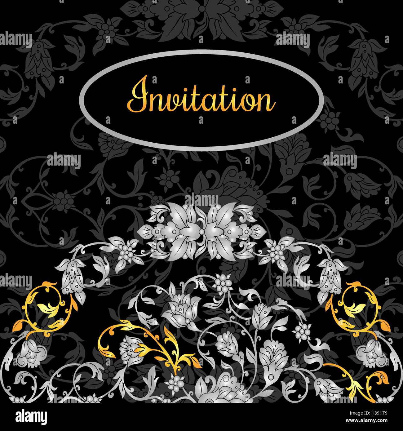Floral decorated invitation card with antique, luxury silver and gold ...