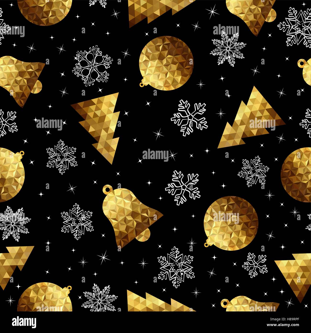 Gold Christmas seamless pattern, low poly ornaments and hand drawn snow ...