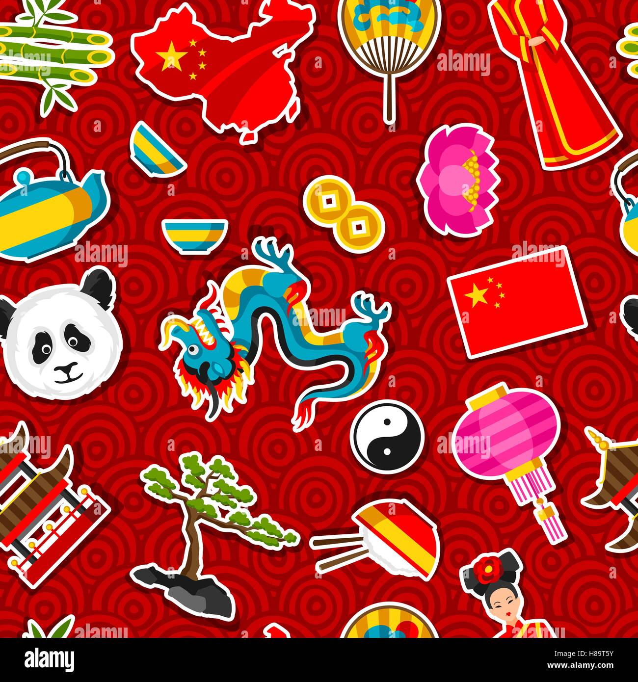 China seamless pattern. Chinese sticker symbols and objects Stock ...