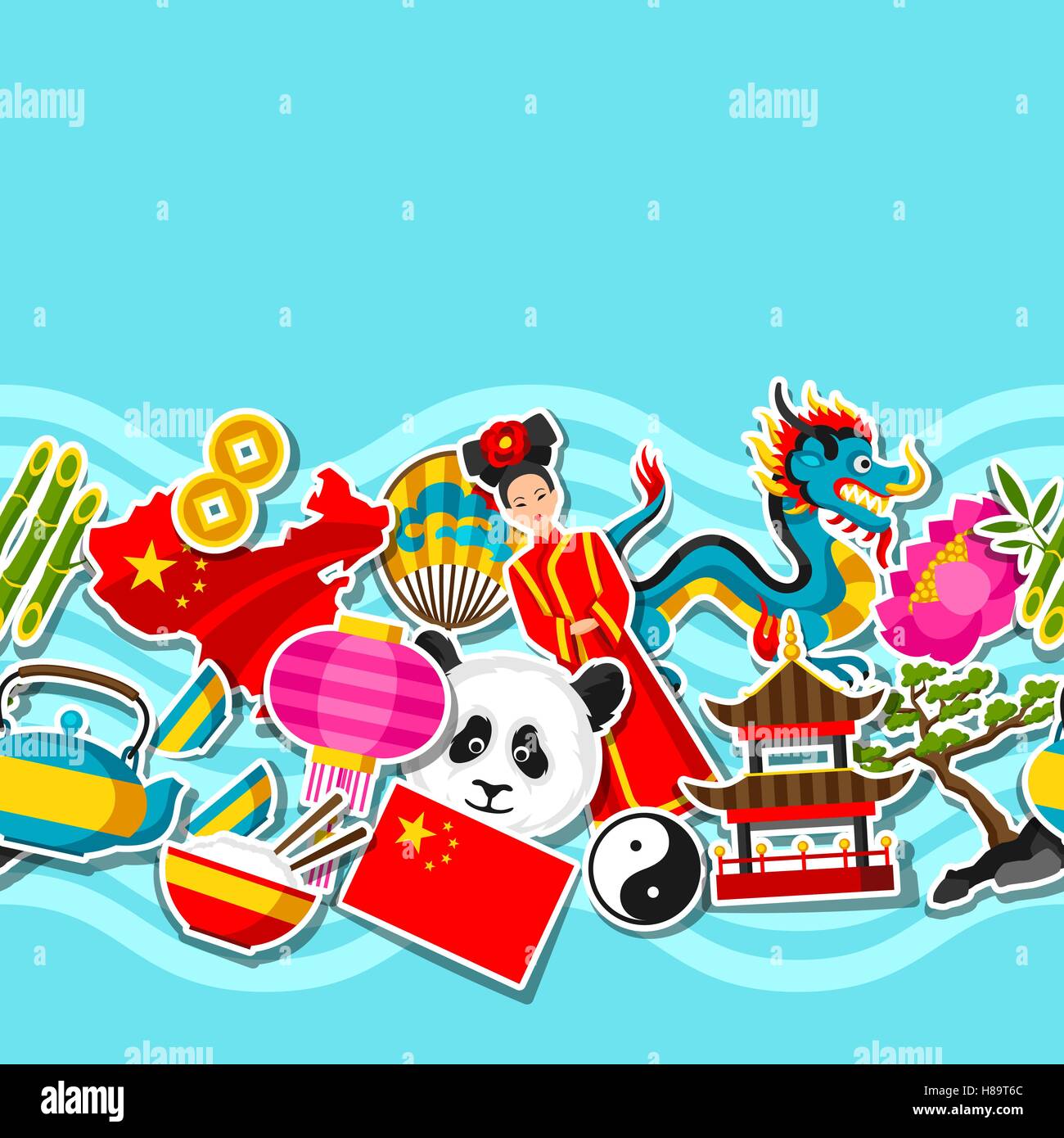 China seamless pattern. Chinese sticker symbols and objects Stock ...