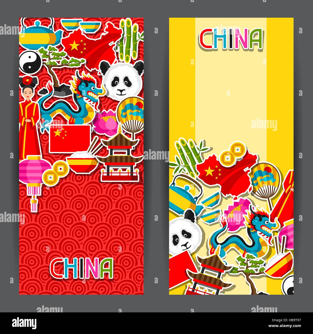 China banners design. Chinese sticker symbols and objects Stock Vector ...