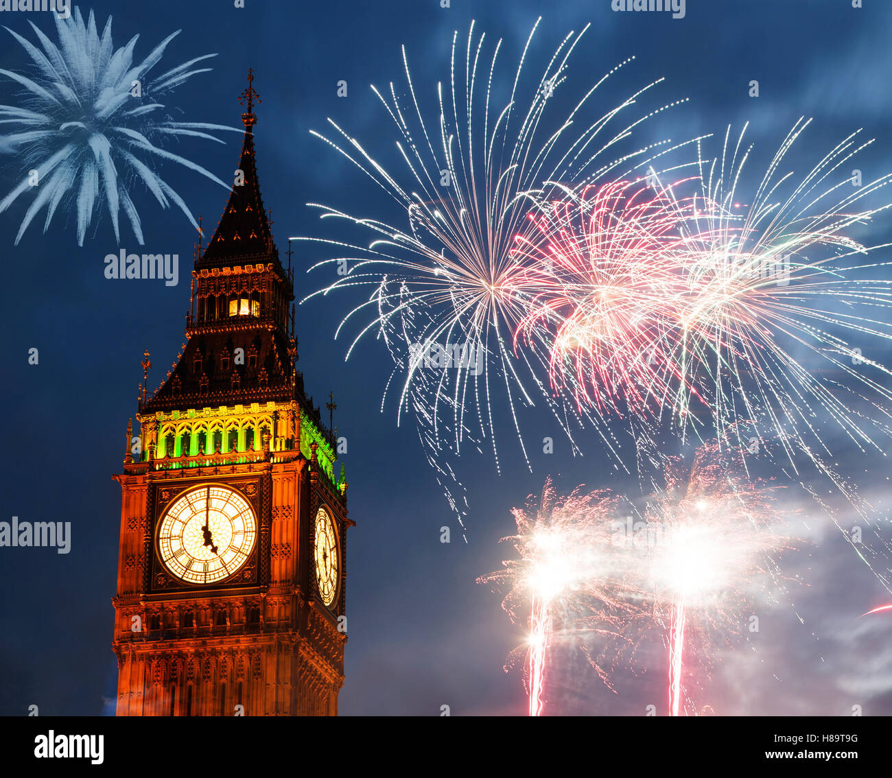 explosive fireworks display around Big Ben. New Year's Eve in the city ...