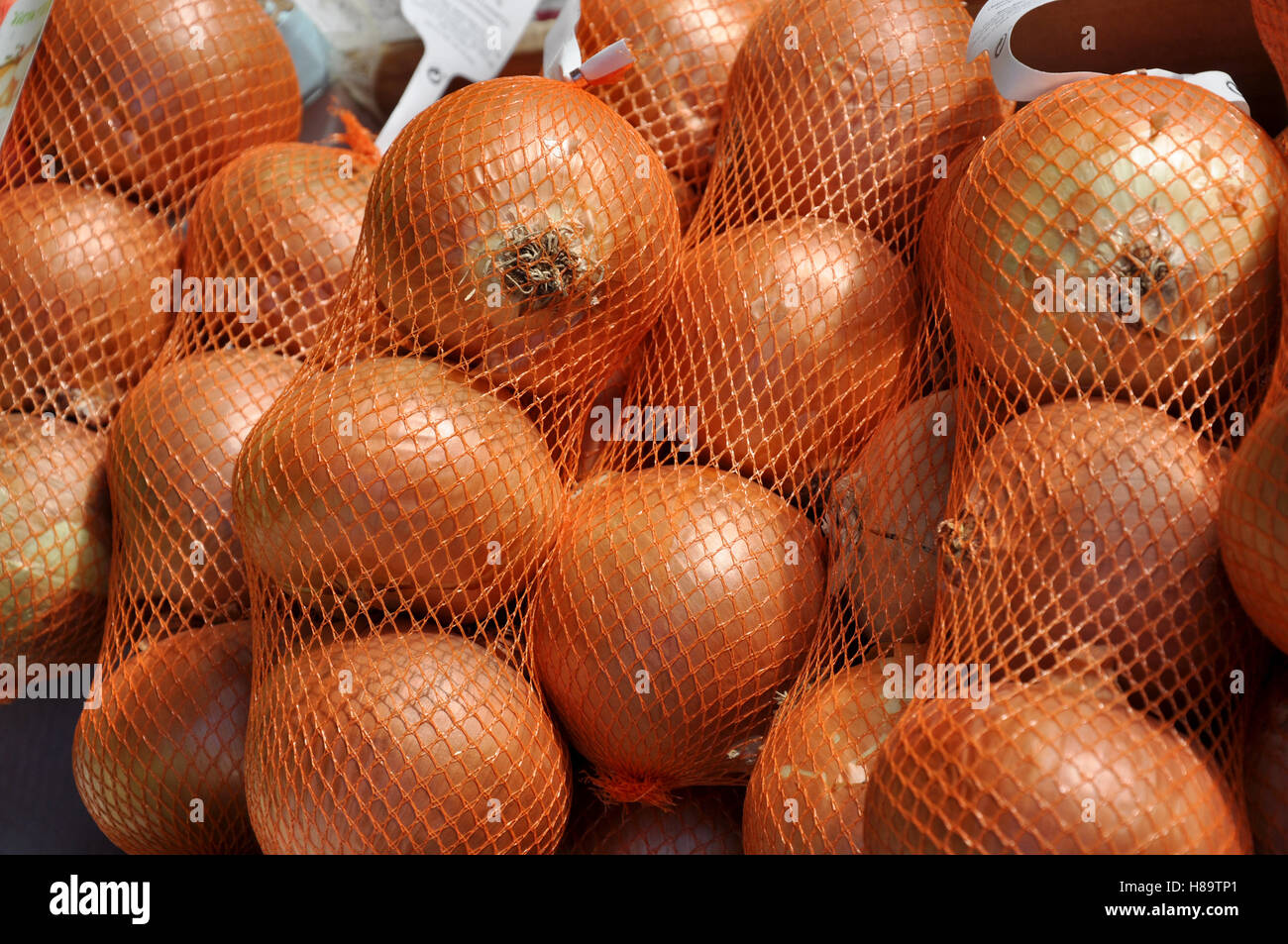 Close up of onions in net bag Stock Photo - Alamy