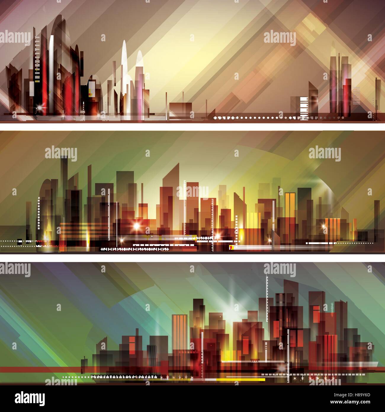 Modern City landscape at sunset, header set vector illustration Stock ...