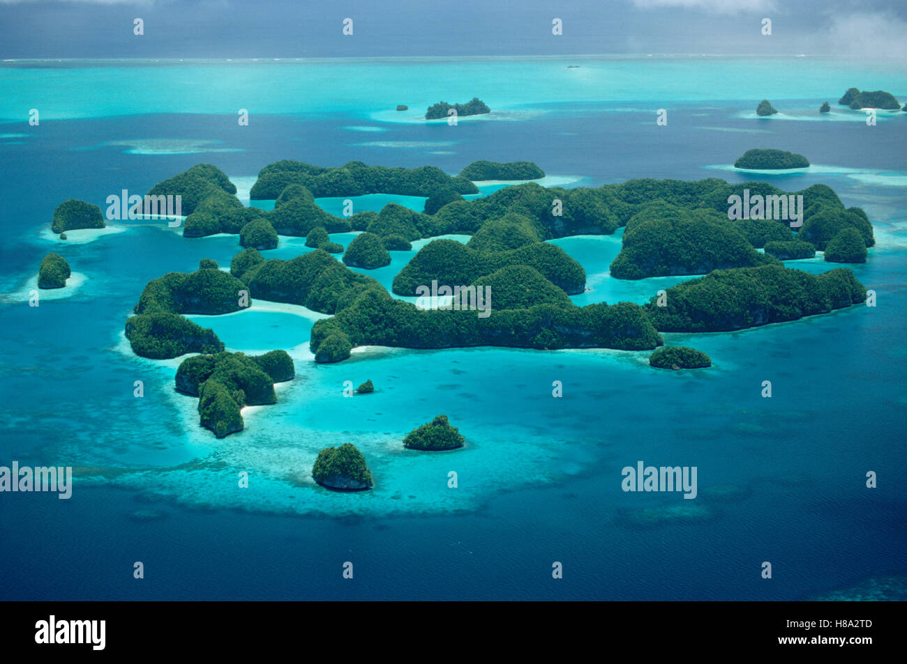 Aerial view of Rock Islands, limestone islands have been cut into ...