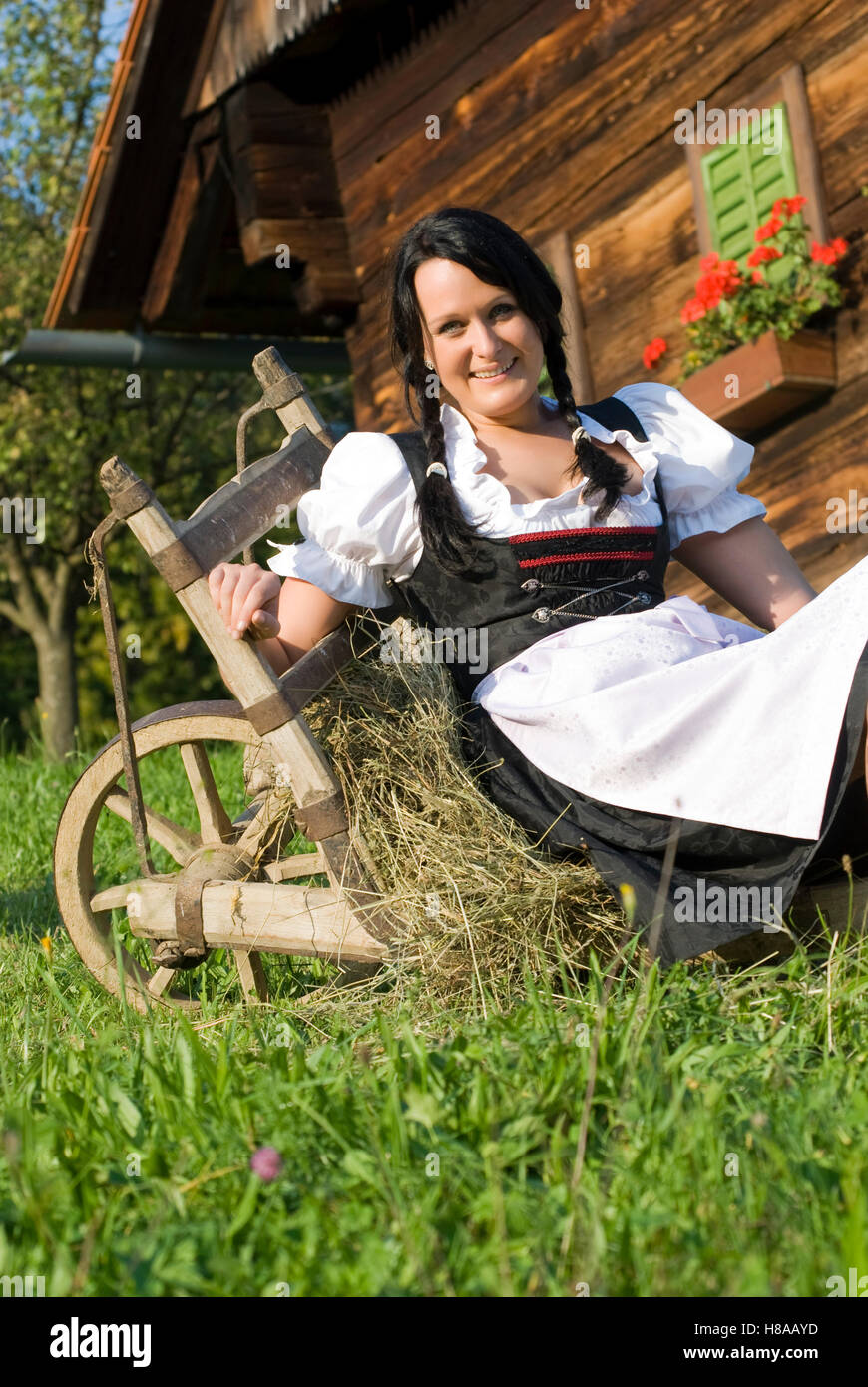 Young woman wearing a Dirndl dress sitting on a wheelbarrow on a farm ...