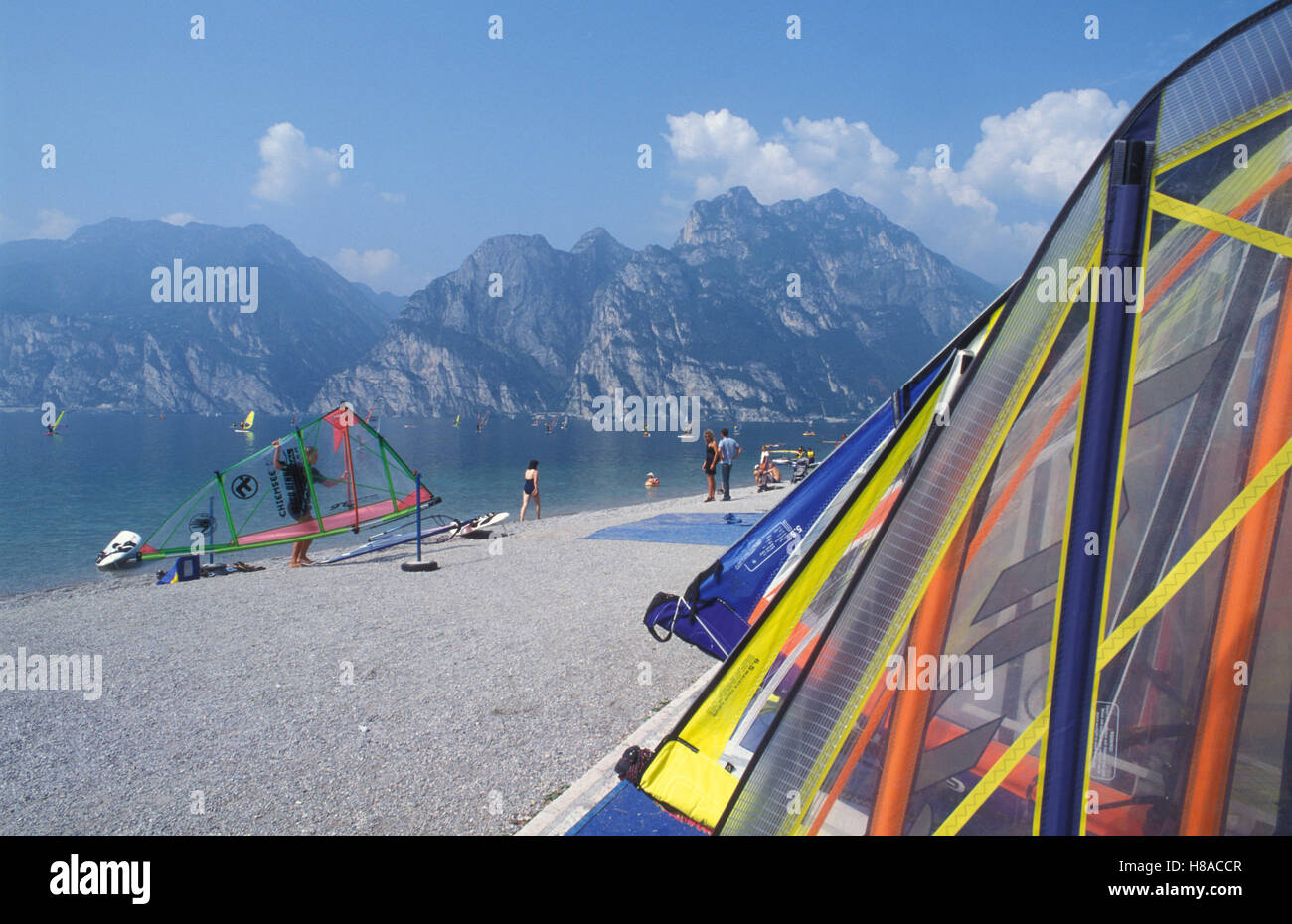 Windsurfers on the beach in Torbole, windsurfing, surfing, sails, Lake ...
