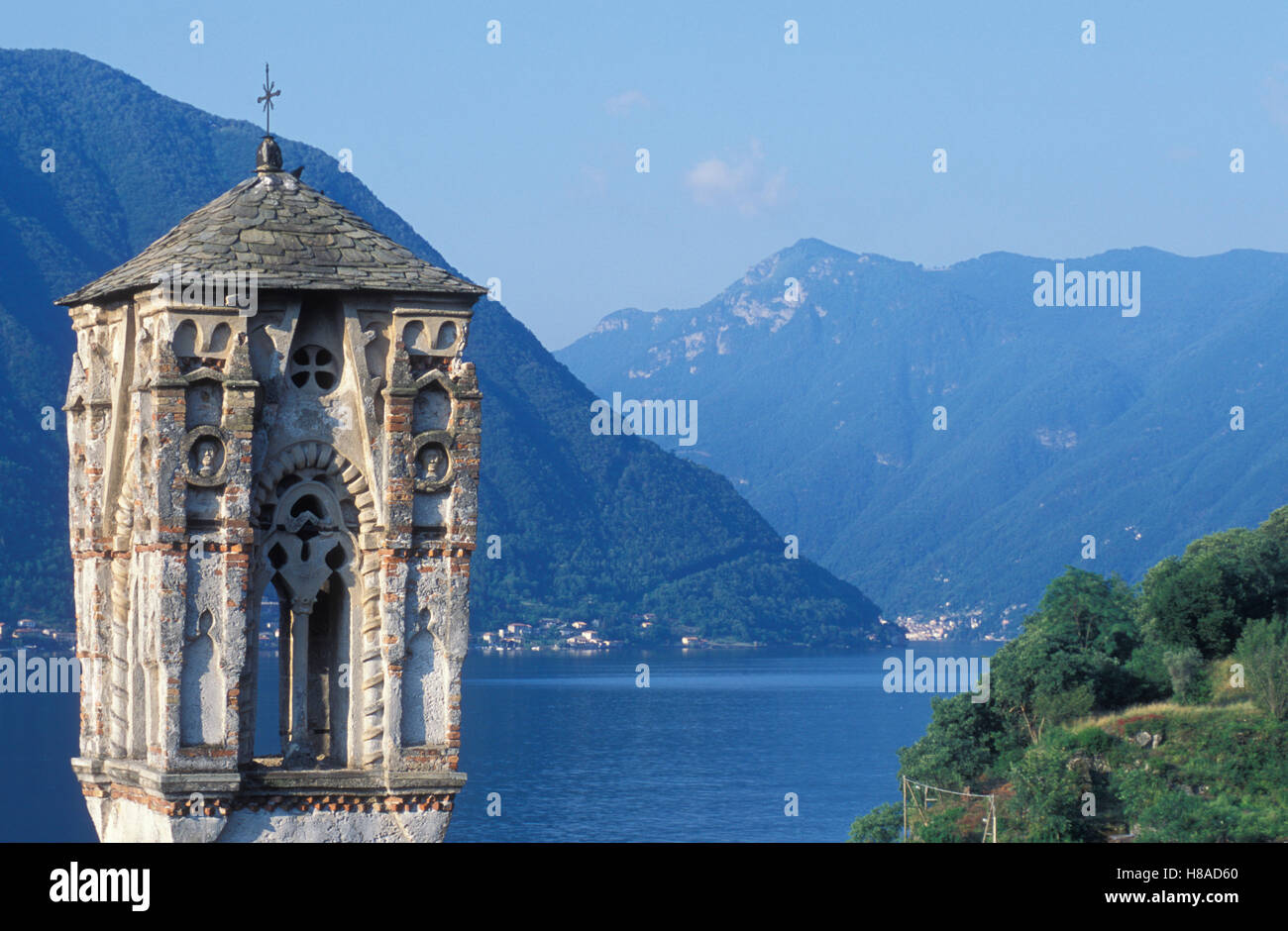Spire of the church of Santa Maria Maddalena in Ossuccio, belfry, Lake ...