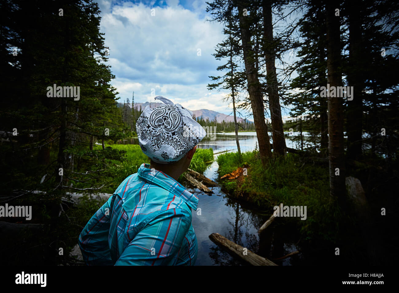 Woman looking over a lake Stock Photo - Alamy