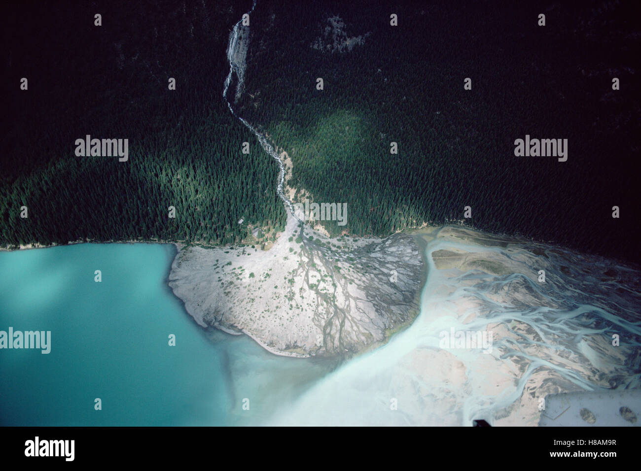 Alluvial fan at mouth of glacial stream, Canadian Rocky Mountains ...
