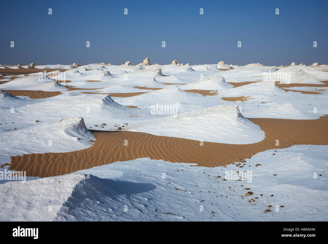 Limestone rock formations in sand, White Desert National Park, Egypt ...