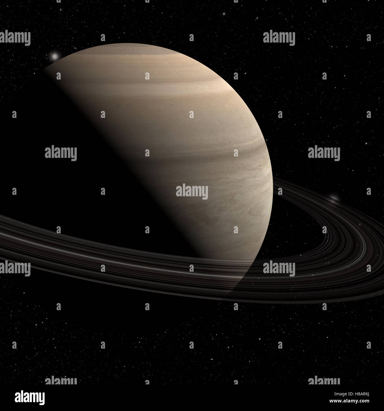 planet Saturn along with its moon rhea, close up 3D rendering Stock ...