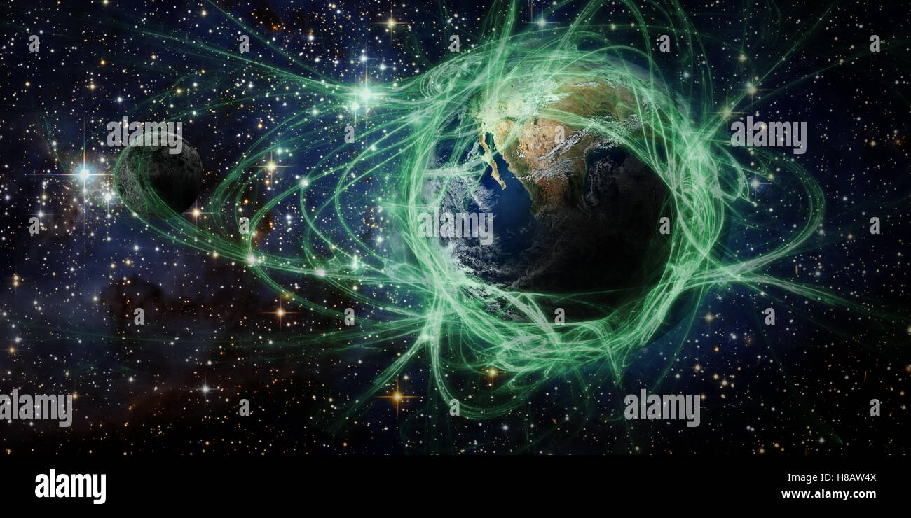 Space background with green light around the planet Stock Photo - Alamy