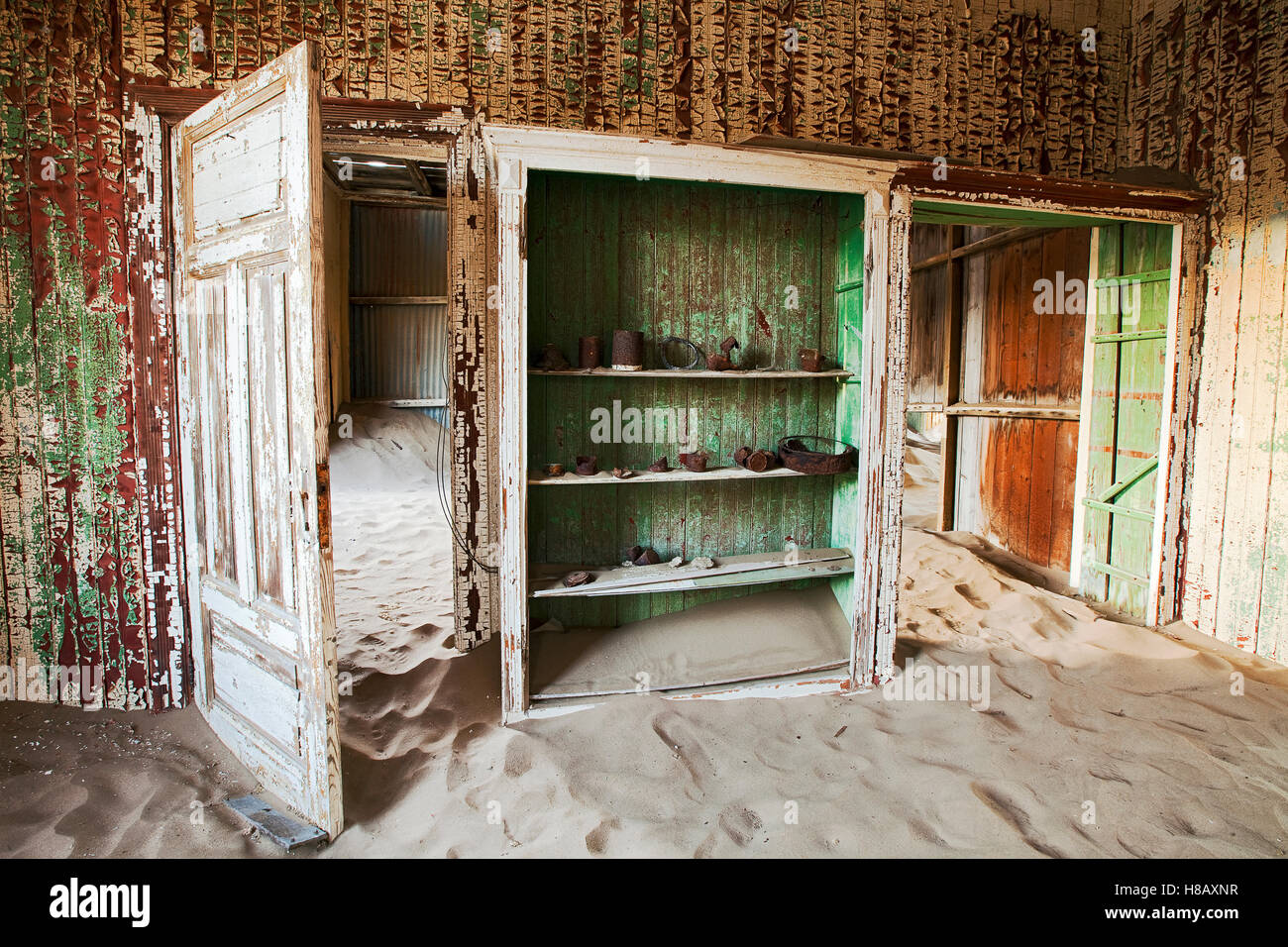 Old cupboard with rusted food cans, Kolmanskop, Luderitz, Namibia Stock ...