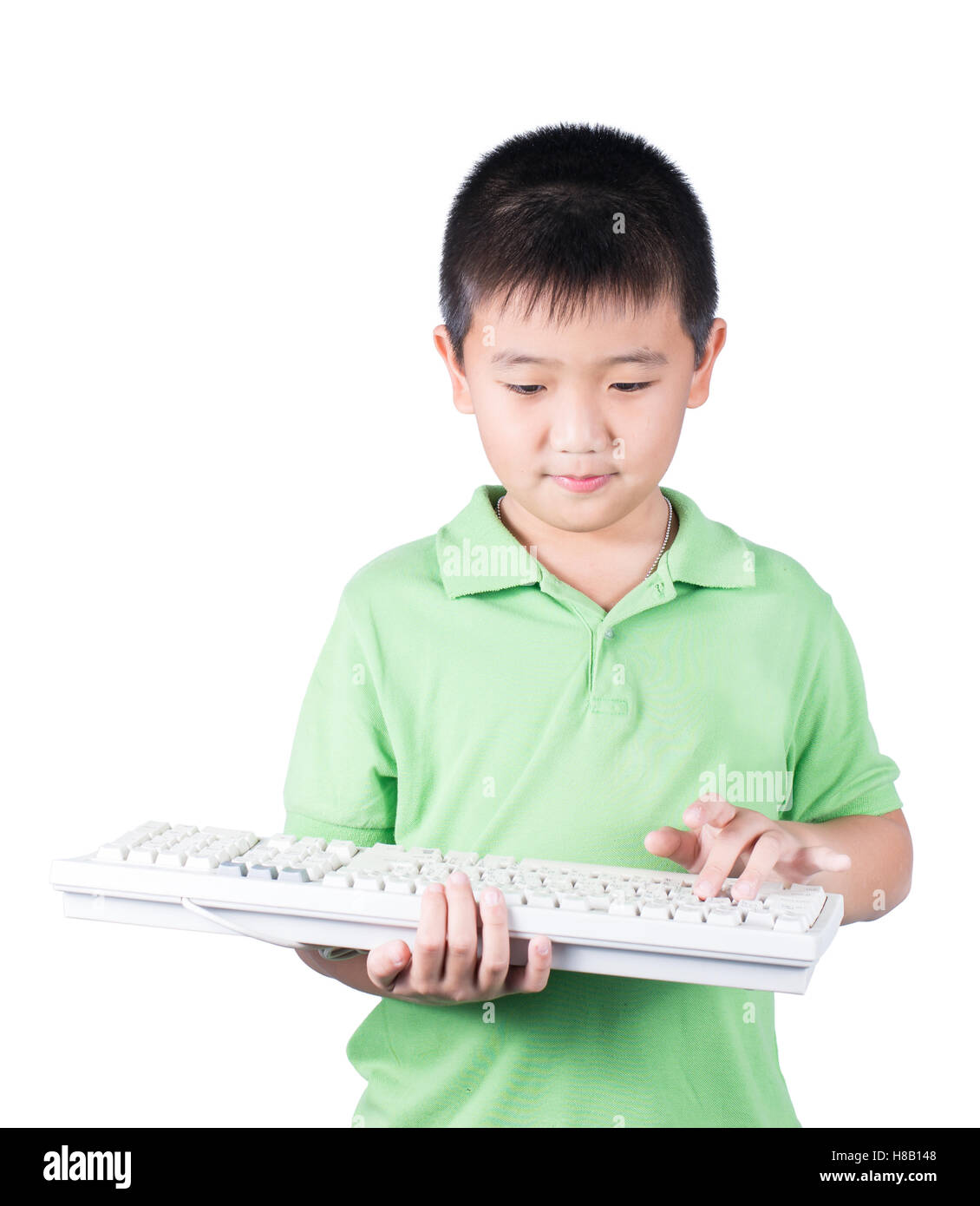 Cute boy with keyboard isolated on white background Stock Photo - Alamy