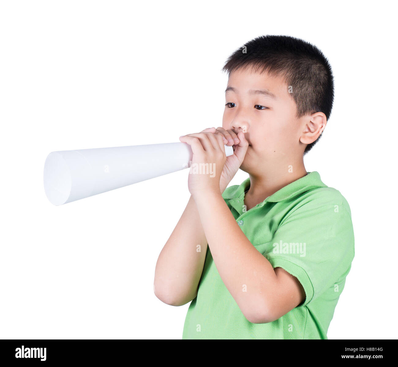 Little boy with a fake megaphone made with white paper isolated on the ...