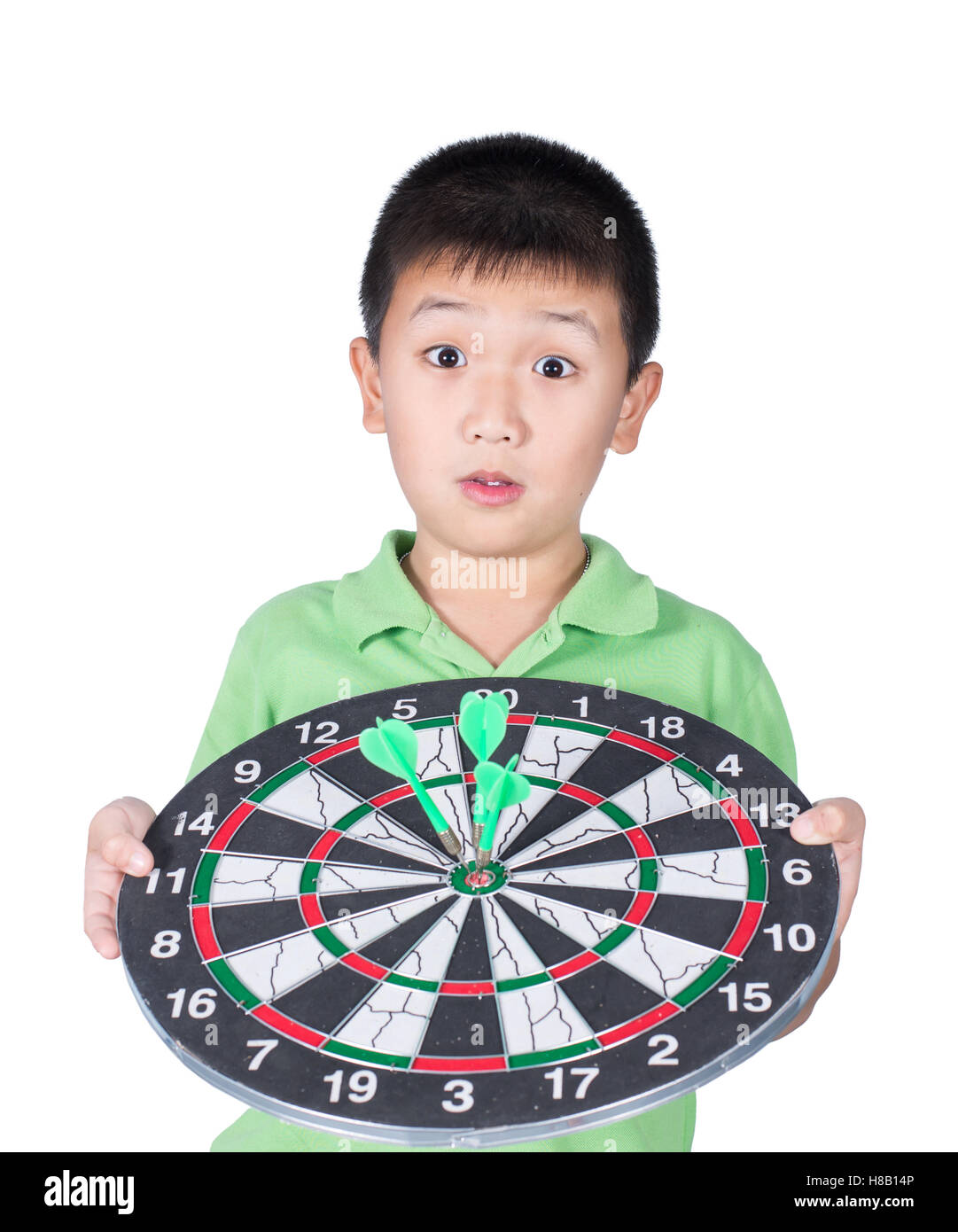 Cute boy with dart isolated on white background Stock Photo - Alamy